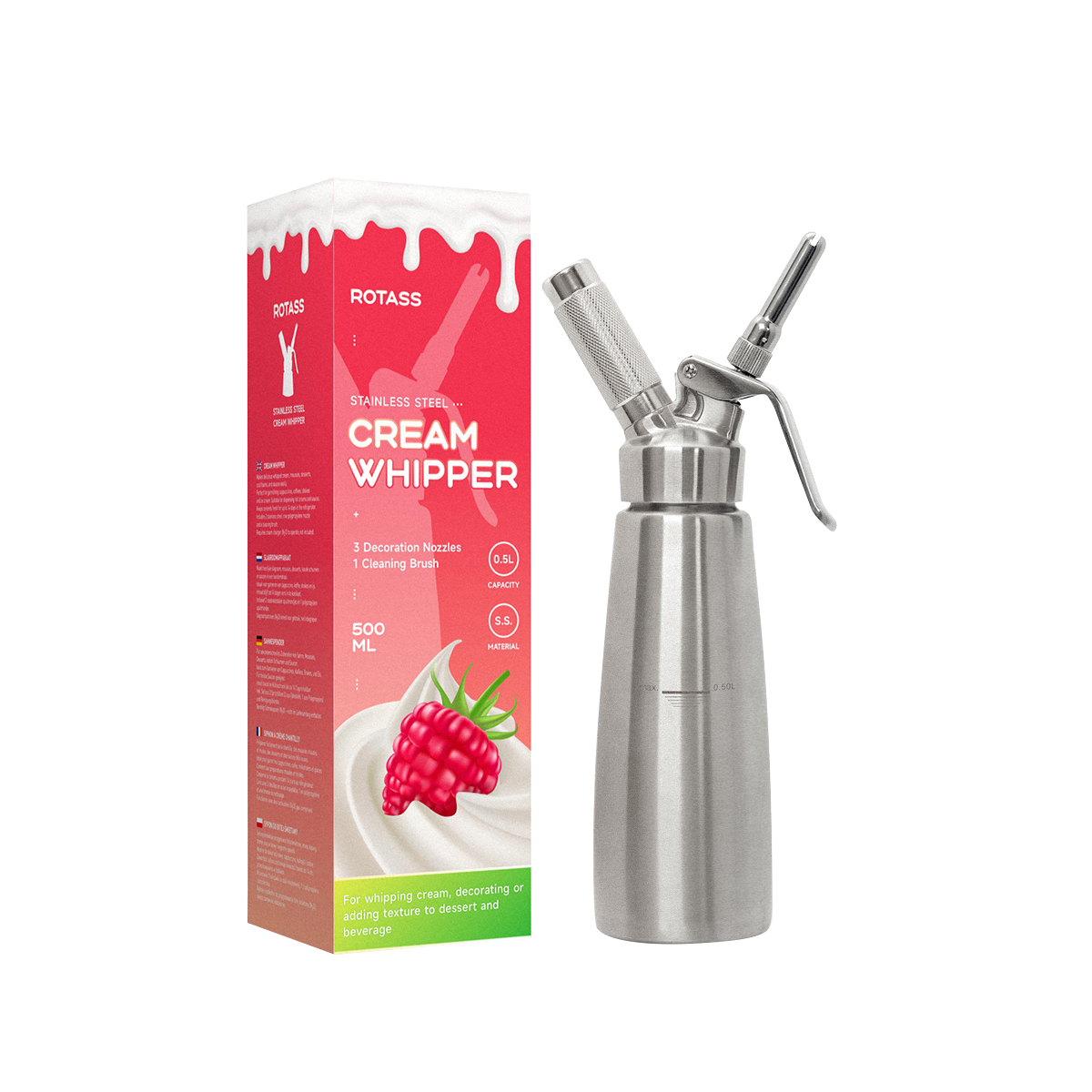 Stainless Steel 500ml Whipped Cream Dispenser - Rotass